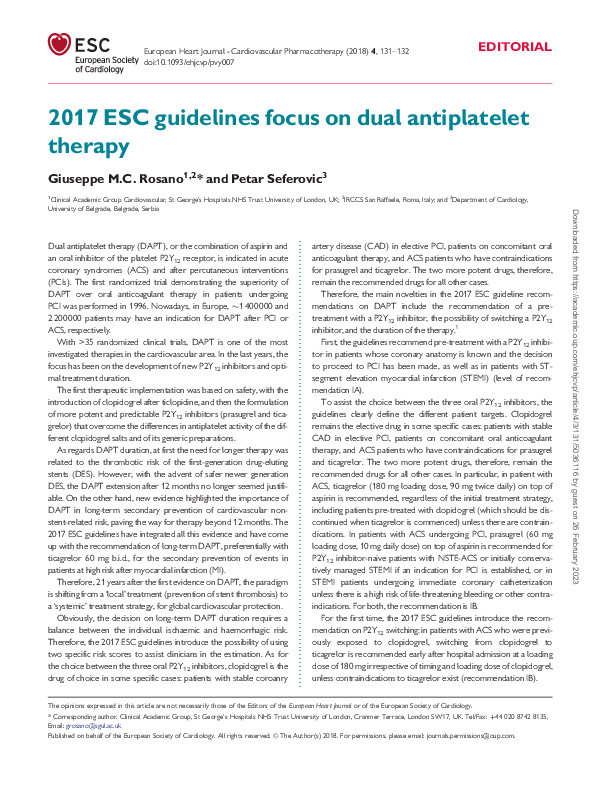 2017 ESC guidelines focus on dual antiplatelet therapy