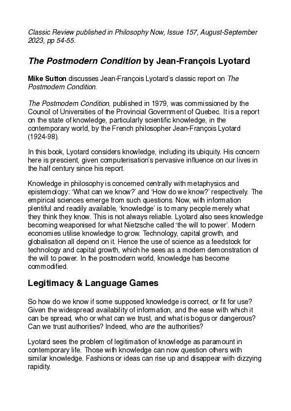 (PDF) The Postmodern Condition by Jean-François Lyotard