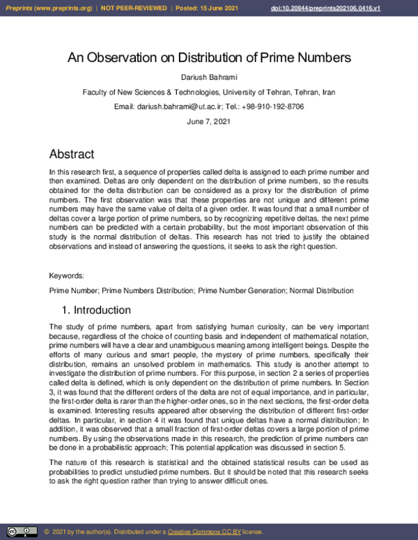 (PDF) An Observation on Distribution of Prime Numbers