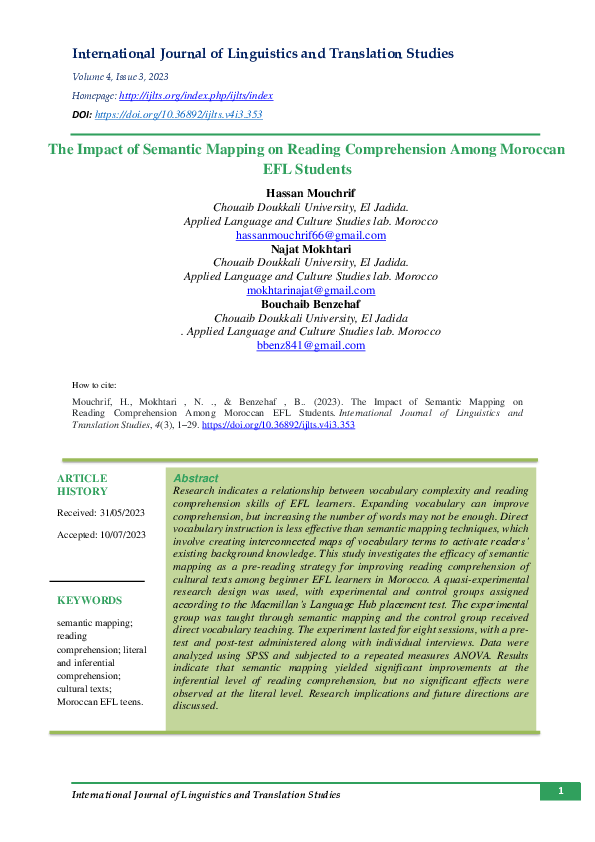 (PDF) The Impact of Semantic Mapping on Reading Comprehension Among Moroccan EFL Students