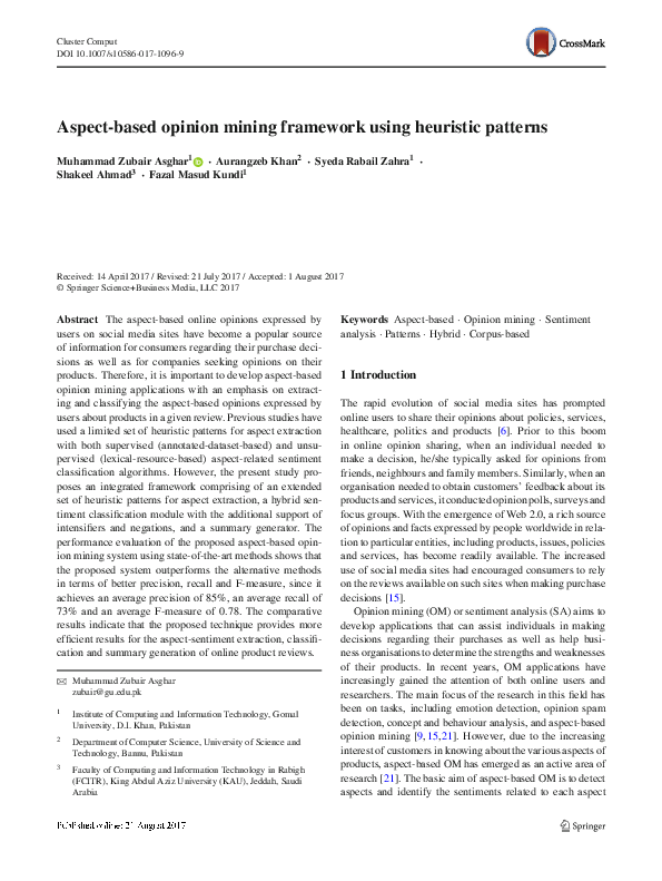 (PDF) Aspect-based opinion mining framework using heuristic patterns