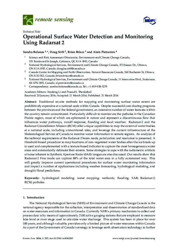 (PDF) Operational Surface Water Detection and Monitoring Using Radarsat 2