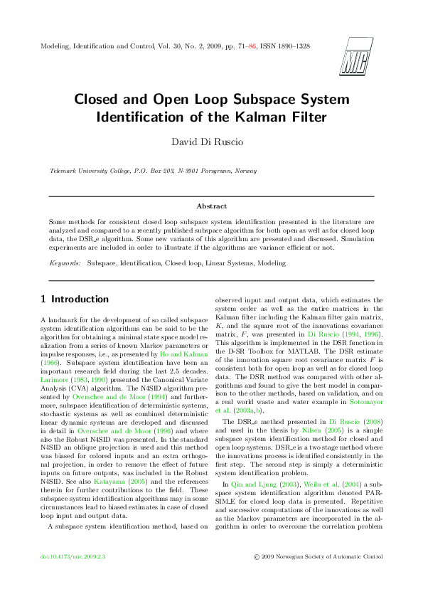 (PDF) Closed and Open Loop Subspace System Identification of the Kalman Filter