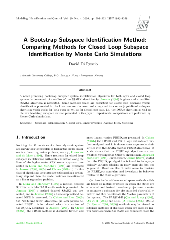 Pdf A Bootstrap Subspace Identification Method Comparing Methods For Closed Loop Subspace