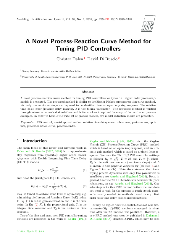 Pdf A Novel Process Reaction Curve Method For Tuning Pid Controllers