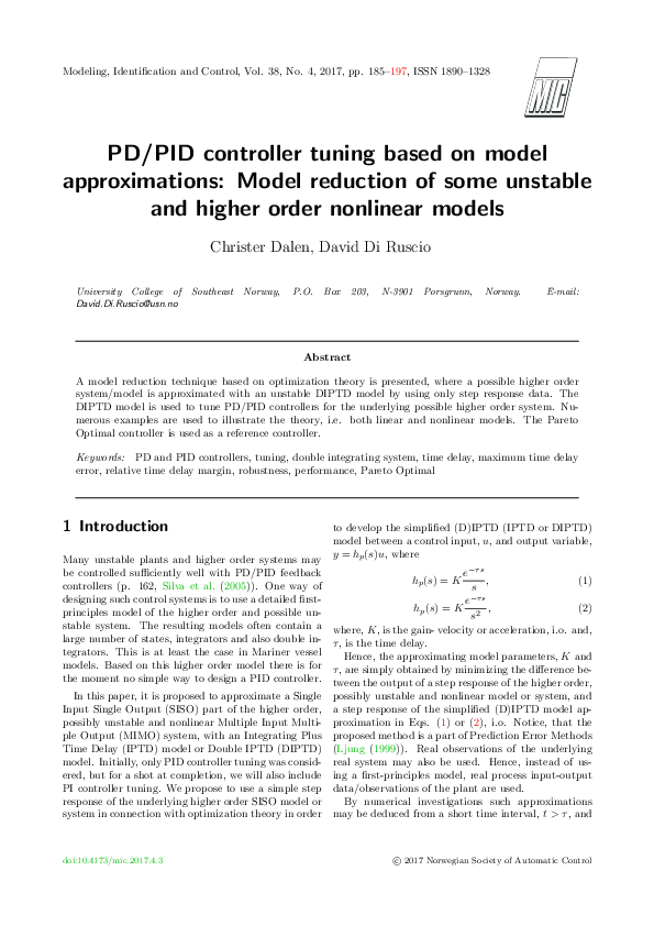(PDF) PD/PID controller tuning based on model approximations: Model reduction of some unstable ...