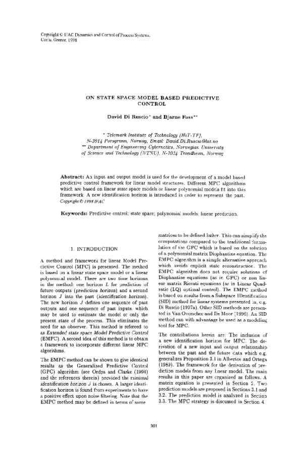 Pdf On State Space Model Based Predictive Control David Di Ruscio