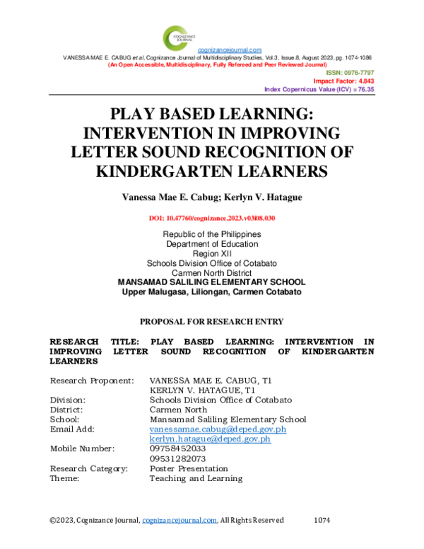 (PDF) PLAY BASED LEARNING: INTERVENTION IN IMPROVING LETTER SOUND ...