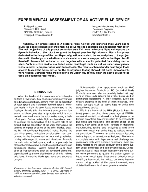 (PDF) Experimental assessment of an active flap device