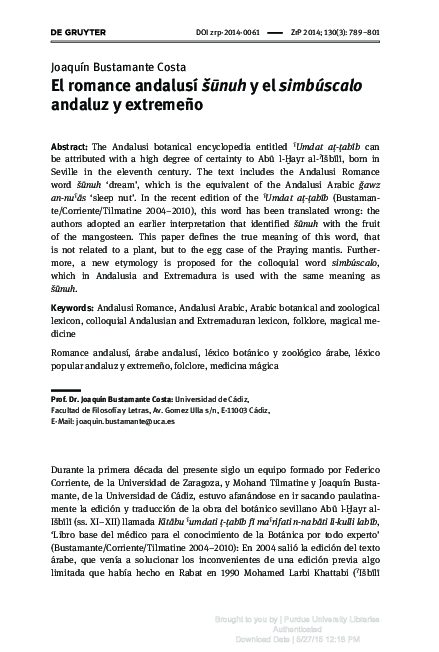 (PDF) El romance andalusí šūnuh y el simbúscalo andaluz y extremeño