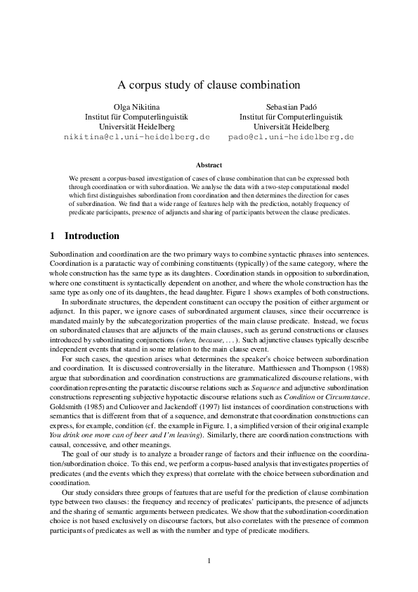 (PDF) A corpus study of clause combination
