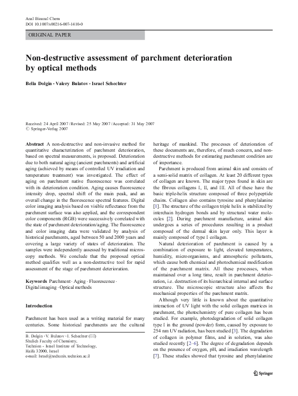 (PDF) Non-destructive assessment of parchment deterioration by optical ...