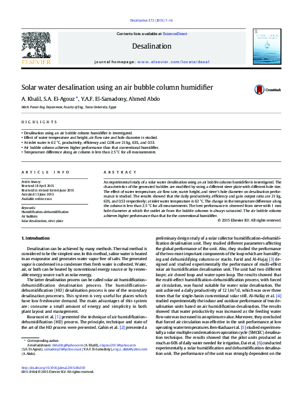 (PDF) Solar water desalination using an air bubble column humidifier