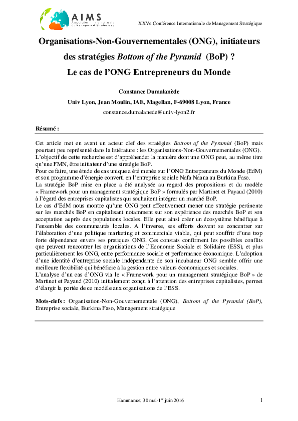 (PDF) Organisations-Non-Gouvernementales (ONG), initiateurs des ...