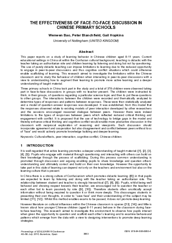 (PDF) The Effectiveness of Face-To-Face Discussion in Chinese Primary ...