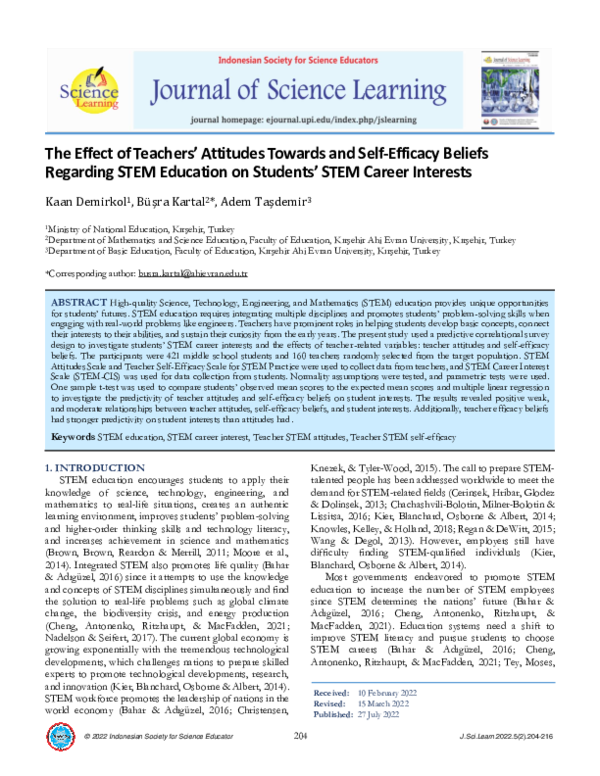 (PDF) The Effect of Teachers’ Attitudes Towards and Self-Efficacy Beliefs Regarding STEM ...