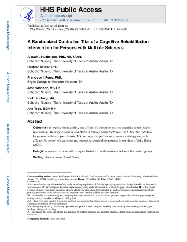 (PDF) A randomized controlled trial of a cognitive rehabilitation intervention for persons with ...