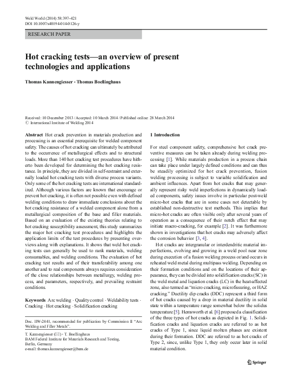 (PDF) Hot cracking tests—an overview of present technologies and ...