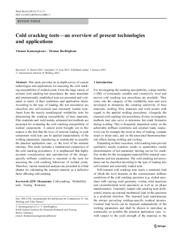 (PDF) Cold cracking tests—an overview of present technologies and ...