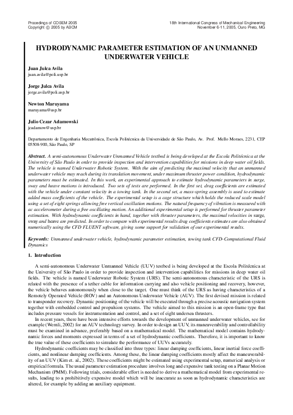 Pdf Hydrodynamic Parameter Estimation Of An Unmanned Underwater Vehicle