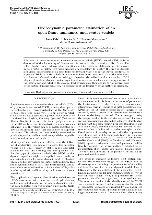 Pdf Hydrodynamic Parameter Estimation Of An Open Frame Unmanned