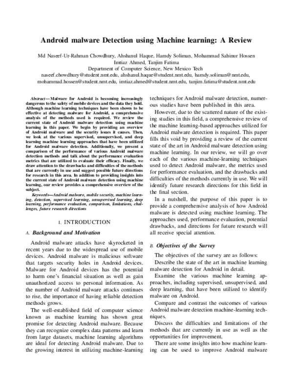 Pdf Android Malware Detection Using Machine Learning A Review