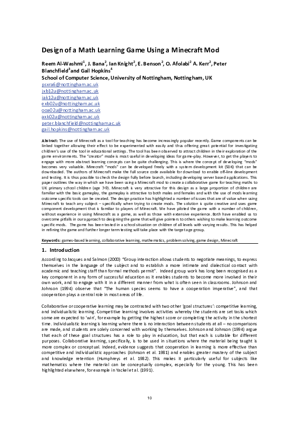 (PDF) Design of a Math Learning Game Using a Minecraft Mod