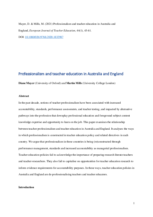 (PDF) Professionalism and teacher education in Australia and England