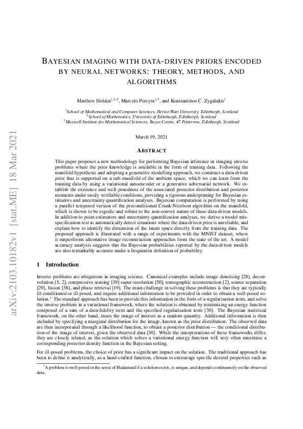 (PDF) Bayesian Imaging with Data-Driven Priors Encoded by Neural Networks