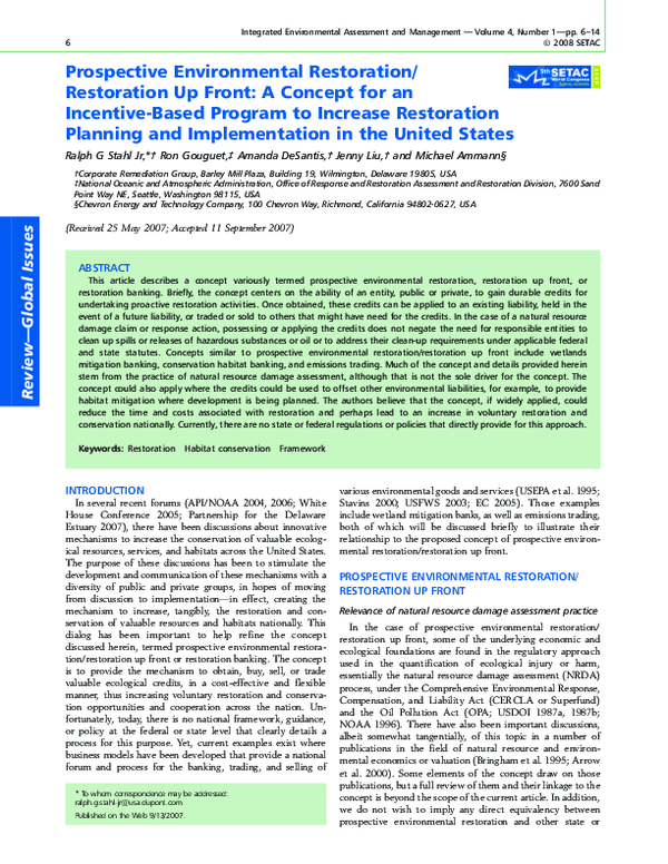 (PDF) Prospective Environmental Restoration / Restoration Up Front: A ...