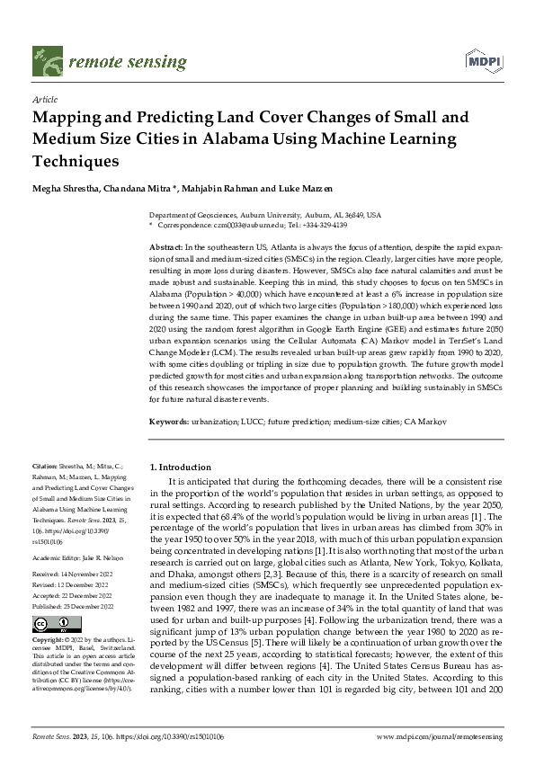 (PDF) Mapping and Predicting Land Cover Changes of Small and Medium Size Cities in Alabama Using ...