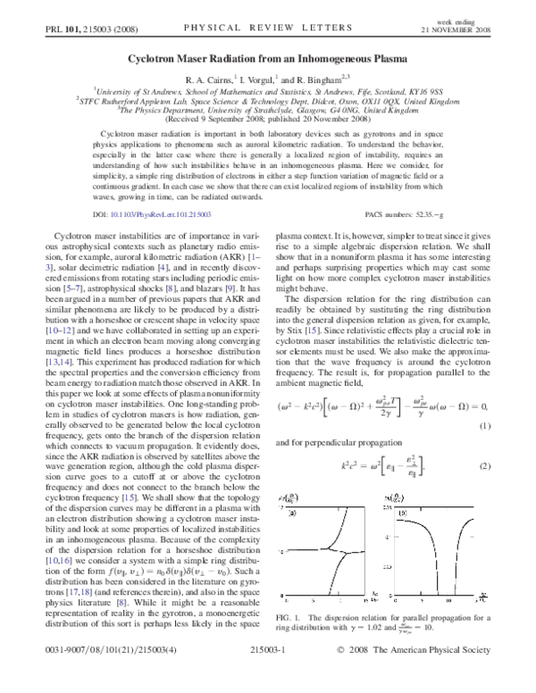 (PDF) Cyclotron Maser Radiation from an Inhomogeneous Plasma