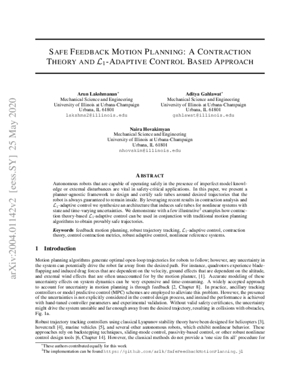 (PDF) Safe Feedback Motion Planning: A Contraction Theory and ℒ1-Adaptive Control Based Approach
