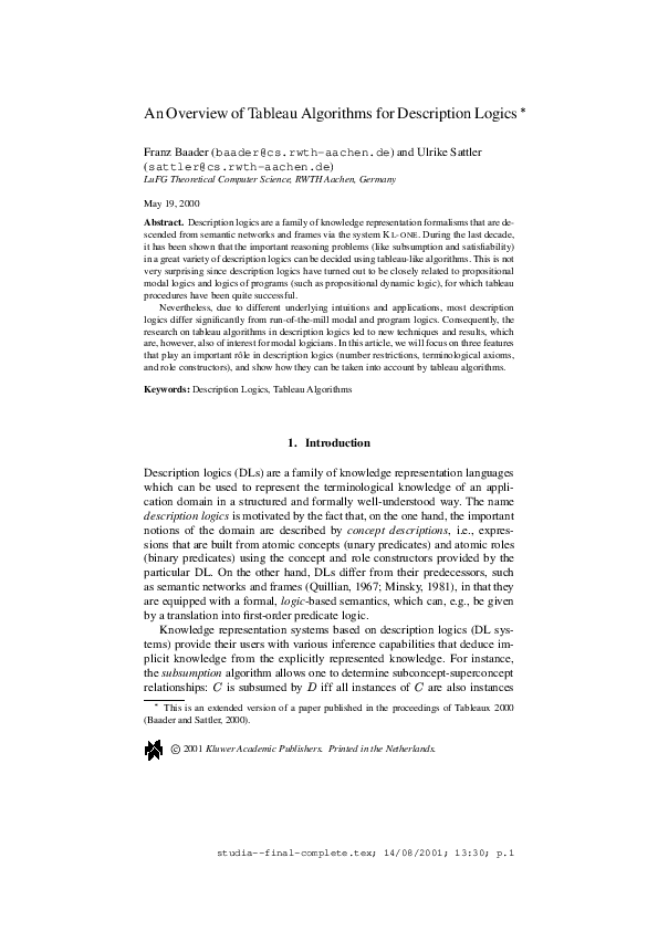 (PDF) An Overview of Tableau Algorithms for Description Logics