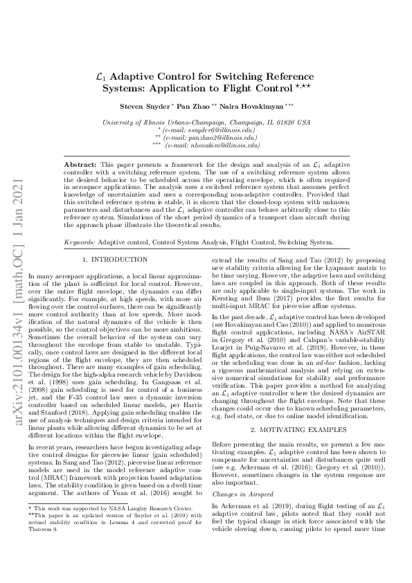 (PDF) L1 Adaptive Control for Switching Reference Systems: Application to Flight Control