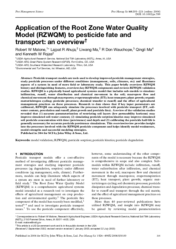 (PDF) Application of the Root Zone Water Quality Model(RZWQM) to pesticide fate and transport ...