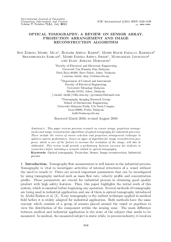 Pdf Optical Tomography A Review On Sensor Array Projection Arrangement And Image 7313