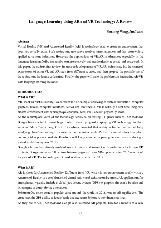 (PDF) Language Learning Using AR and VR Technology: A Review