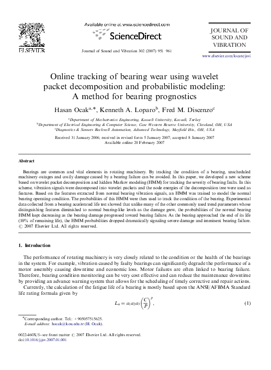 (PDF) Online Tracking of Bearing Wear using Wavelet Packet Transform and Hidden Markov Models