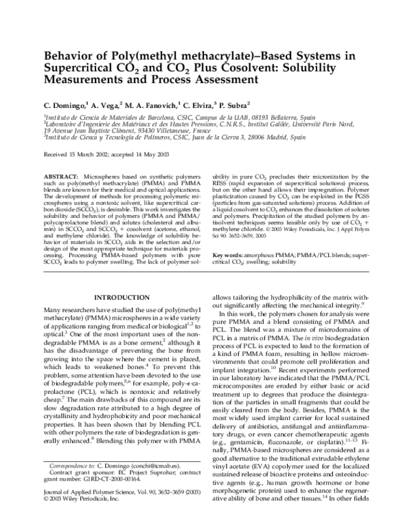 (PDF) Behavior of poly(methyl methacrylate)-based systems in supercritical CO2 and CO2 plus ...