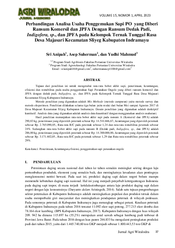 (PDF) Perbandingan Analisa Usaha Penggemukan Sapi PO yang Diberi Ransum Komersil dan JPFA Dengan ...