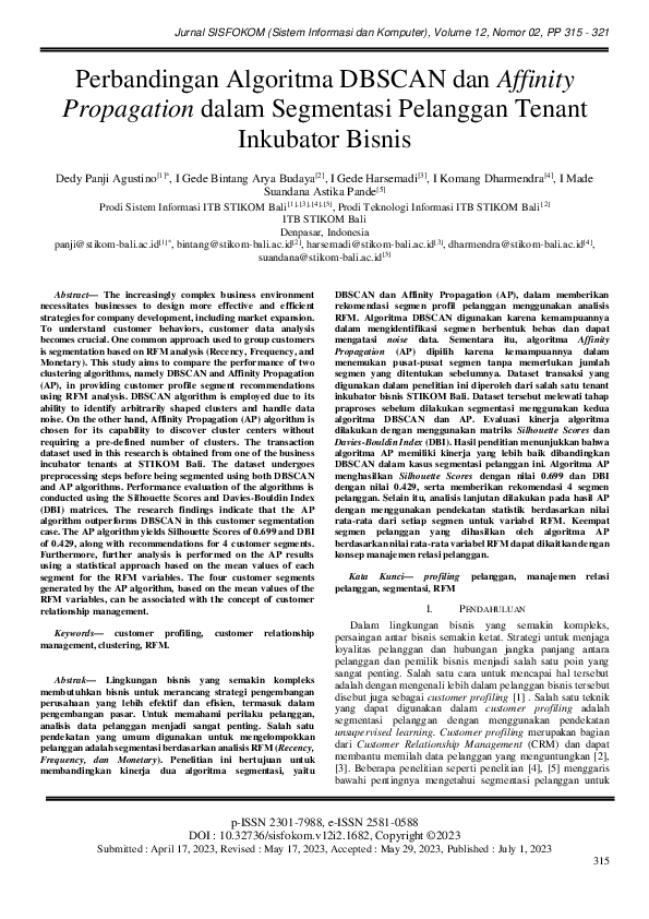 (PDF) Comparison of the DBSCAN Algorithm and Affinity Propagation on Business Incubator Tenant ...