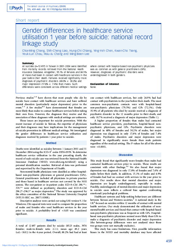 Pdf Gender Differences In Healthcare Service Utilisation 1 Year 2533