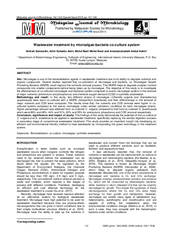 (PDF) Wastewater treatment by microalgae-bacteria co-culture system