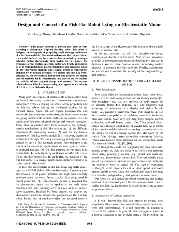(PDF) Design and control of a fish-like robot using an electrostatic motor