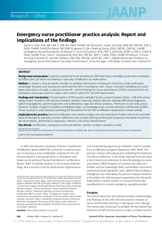 (PDF) Emergency nurse practitioner practice analysis: Report and ...