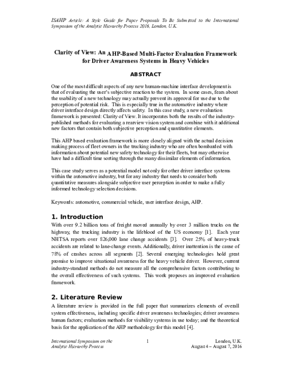 (PDF) Clarity of View: An AHP Multi-Factor Evaluation Framework for Driver Awareness Systems in ...