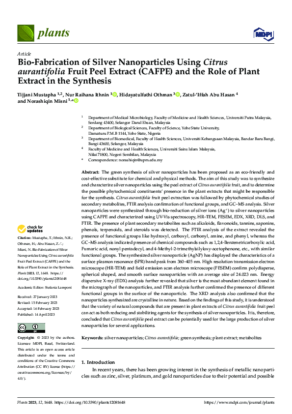 (PDF) Bio-Fabrication of Silver Nanoparticles Using Citrus aurantifolia Fruit Peel Extract ...