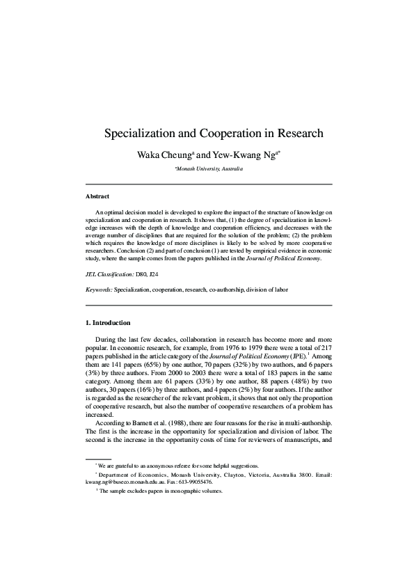 (PDF) Specialization and Cooperation in Research