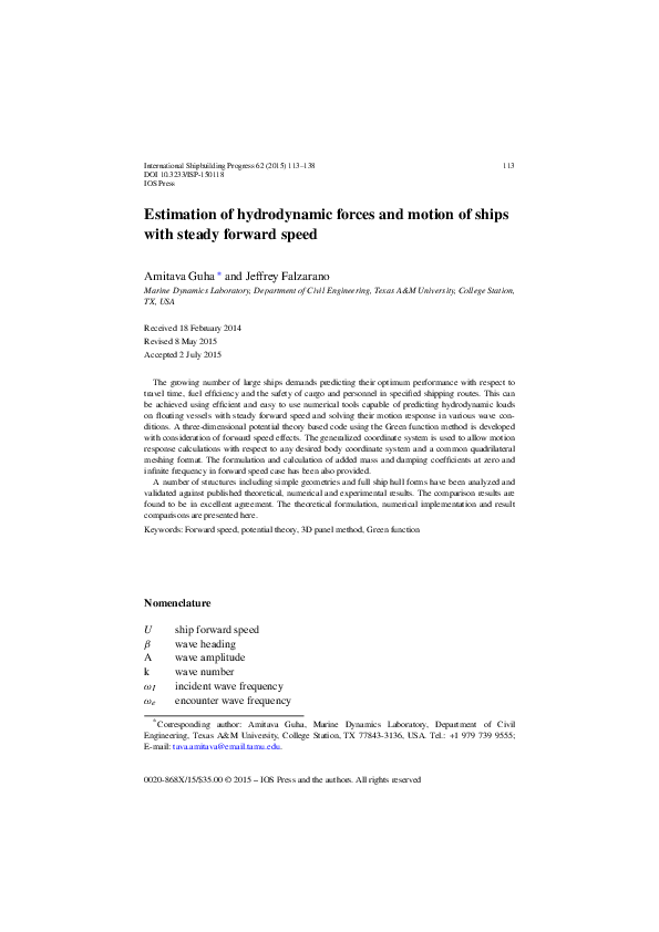 (PDF) Estimation of hydrodynamic forces and motion of ships with steady forward speed